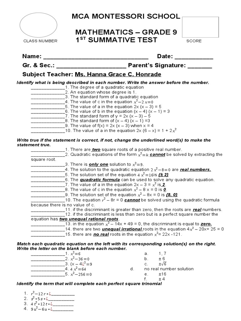 Mca Montessori School Mathematics - Grade 9 1 Summative Test | PDF ...