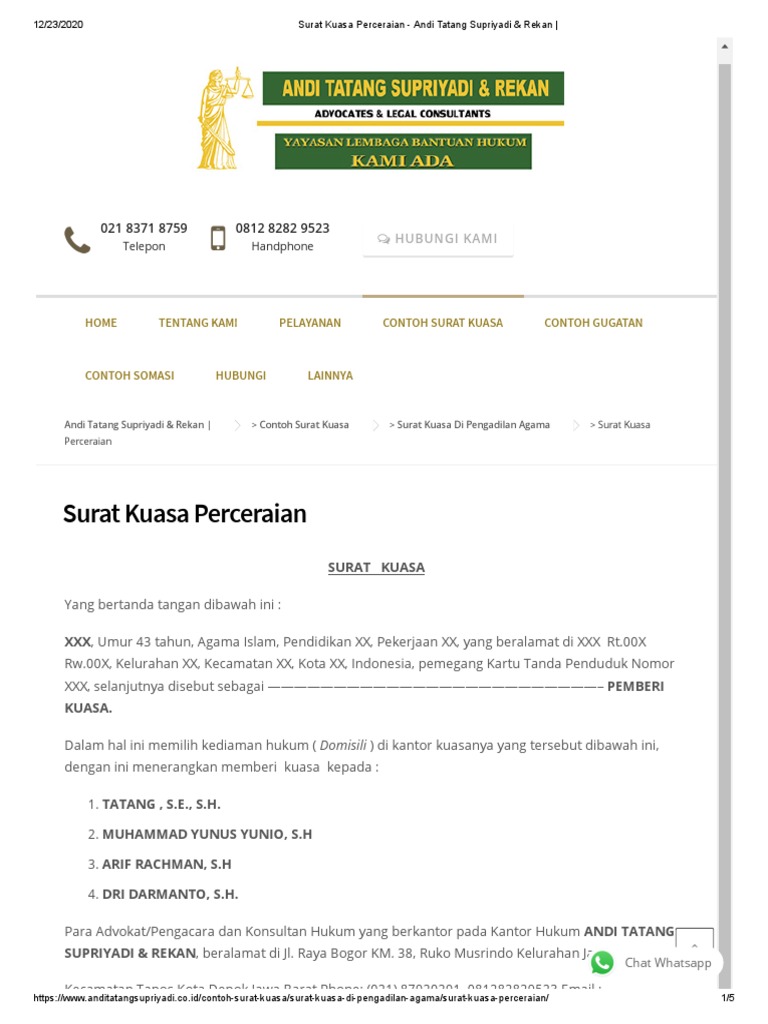 Surat Kuasa Perceraian - Andi Tatang Supriyadi & Rekan | PDF