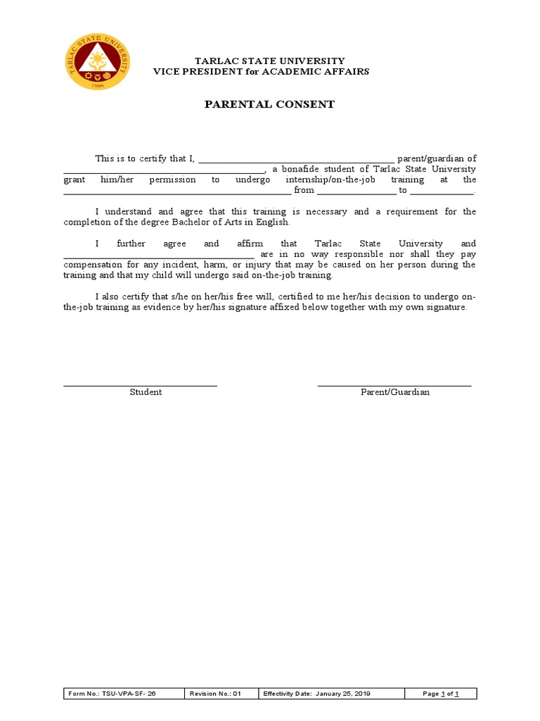 Parental Consent: Tarlac State University Vice President For Academic ...