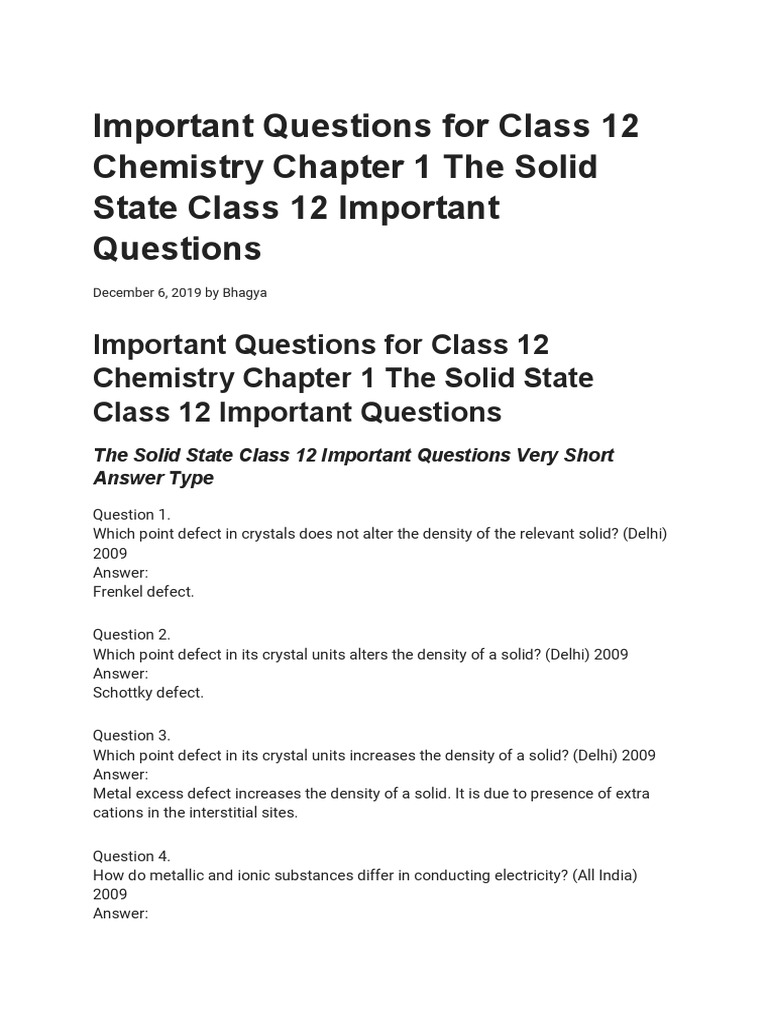 Important Questions For Class 12 Chemistry Chapter 1 The Solid State ...