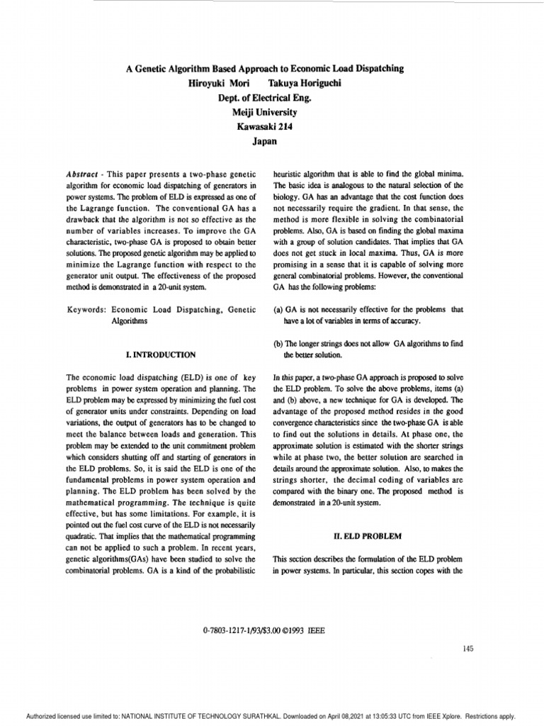 1993-A Genetic Algorithm Based Approach To Economic Load Dispatching | PDF | Mathematical ...
