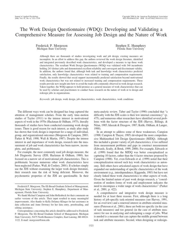 Morgeson Humphrey 2006 The Work Design Questionnaire WDQ | PDF | Cognition