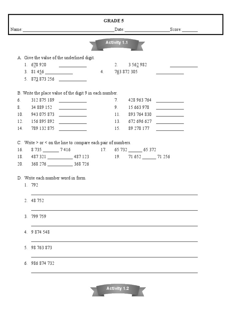 Grade 5 Number Sense Worksheets | PDF | Cognition