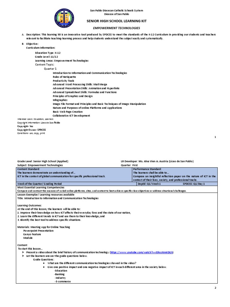 SHS Learning Kit Empowerment Technologies Q1 | PDF | World Wide Web | Internet & Web