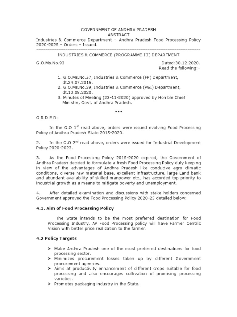 AP Food Processing Policy 2020-25 With G.O 93 | PDF | Agriculture | Foods