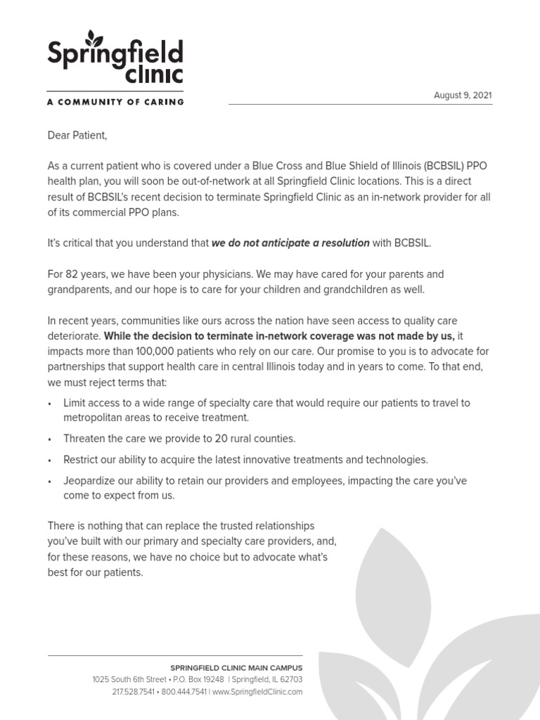 Springfield Clinic Letter To Patients On Dispute With Blue Cross and ...