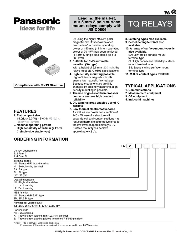 Panasonic TQ2 24V Datasheet | PDF | Relay | Inductor