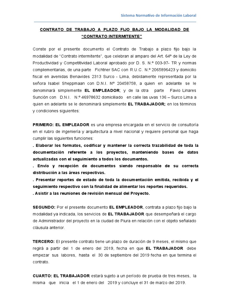 Contrato de Trabajo Intermitente | Descargar gratis PDF | Derecho laboral | Economias
