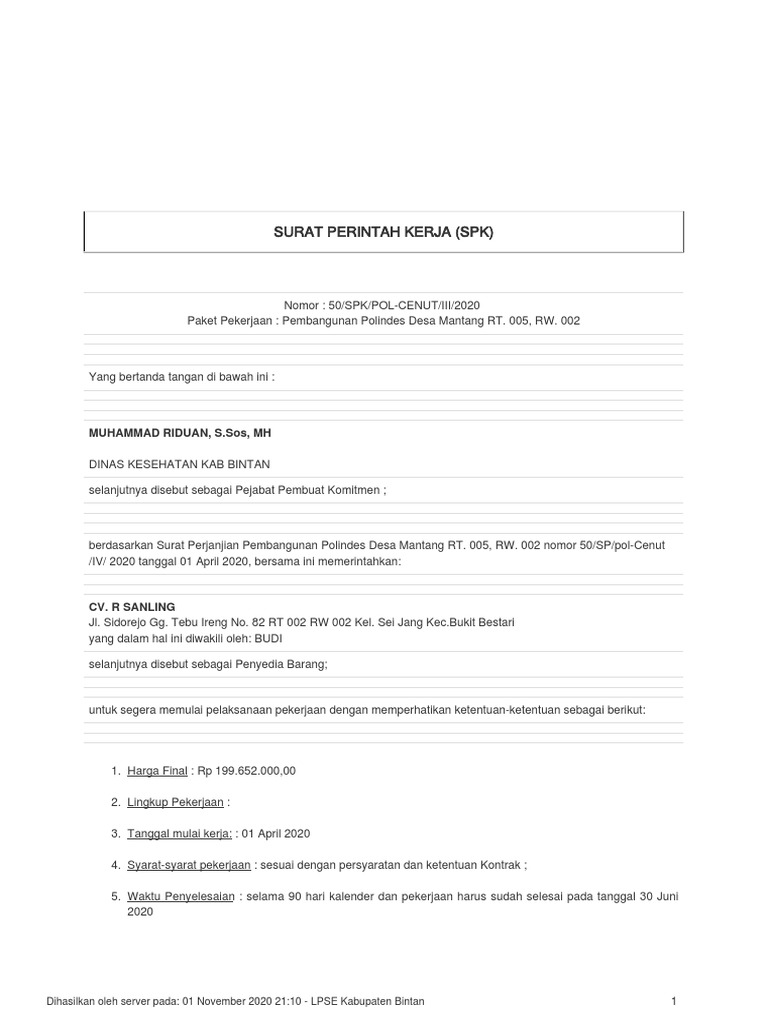 Surat Perintah Kerja (SPK) : Muhammad Riduan, S.Sos, MH | PDF