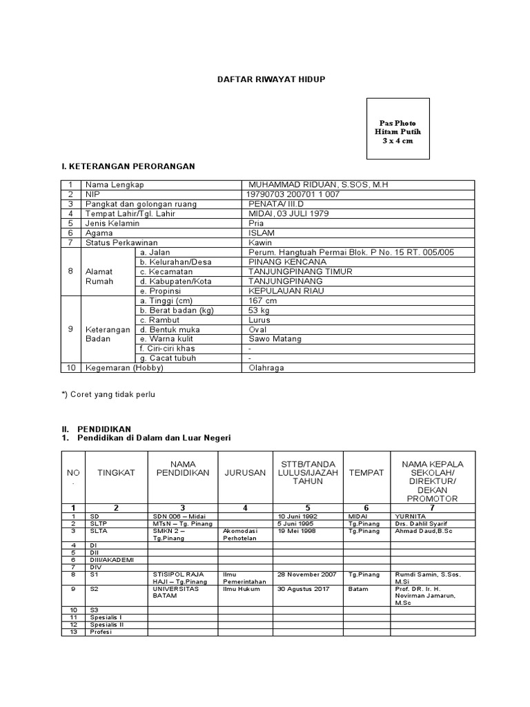 Daftar Riwayat Hidup An Muhammad Riduan | PDF