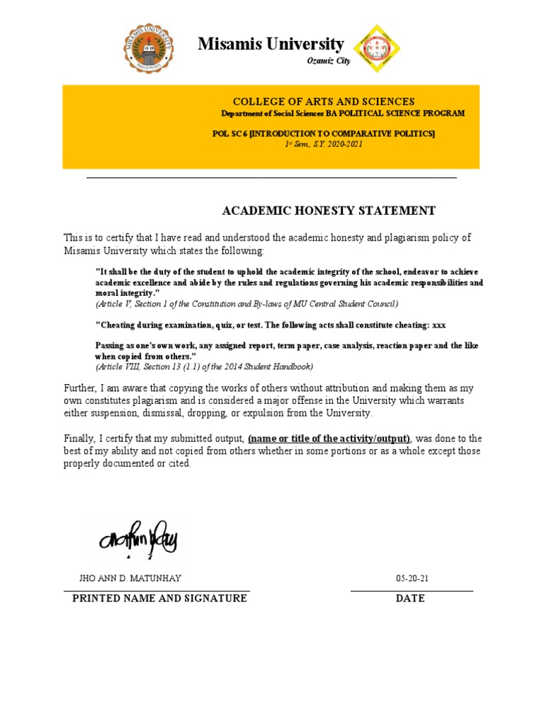 Misamis University: Academic Honesty Statement | PDF
