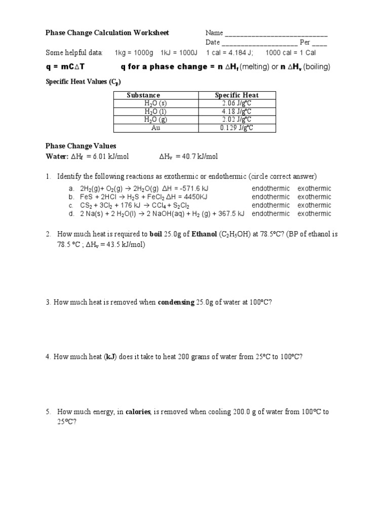 Phase Change Calculation Worksheet: Specific Heat Values (C) Substance ...