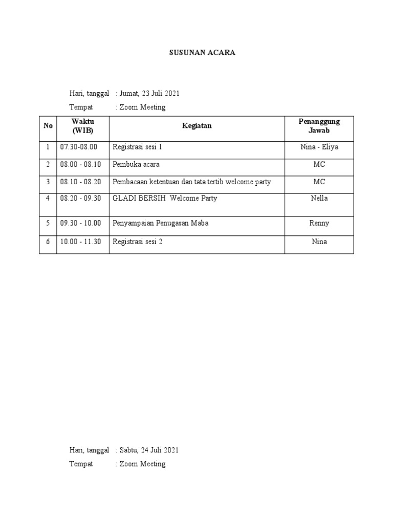 Rundown Acara Welcome Party 2021 | PDF