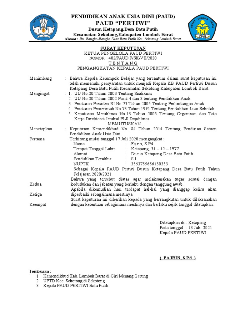 SK PAUD Pertiwi 2021 | PDF