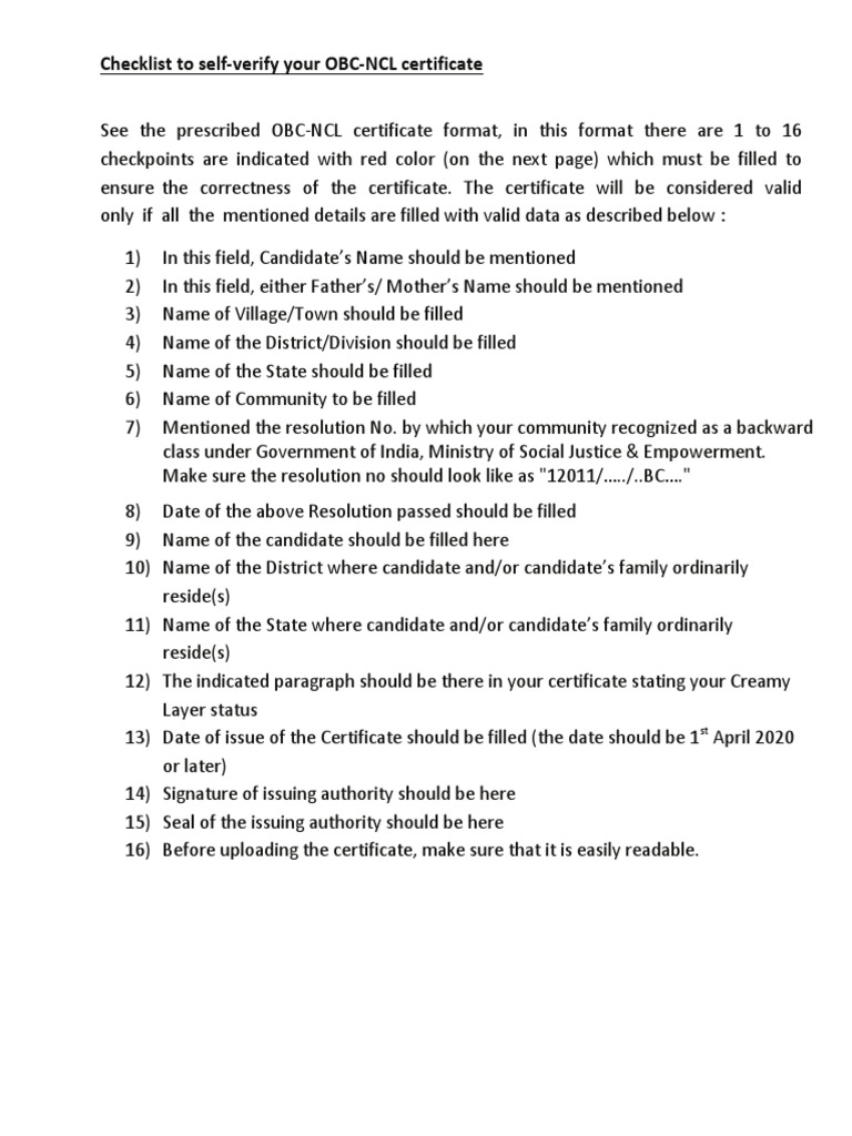 Checklist To Self-Verify Your OBC-NCL Certificate | PDF | Magistrate ...