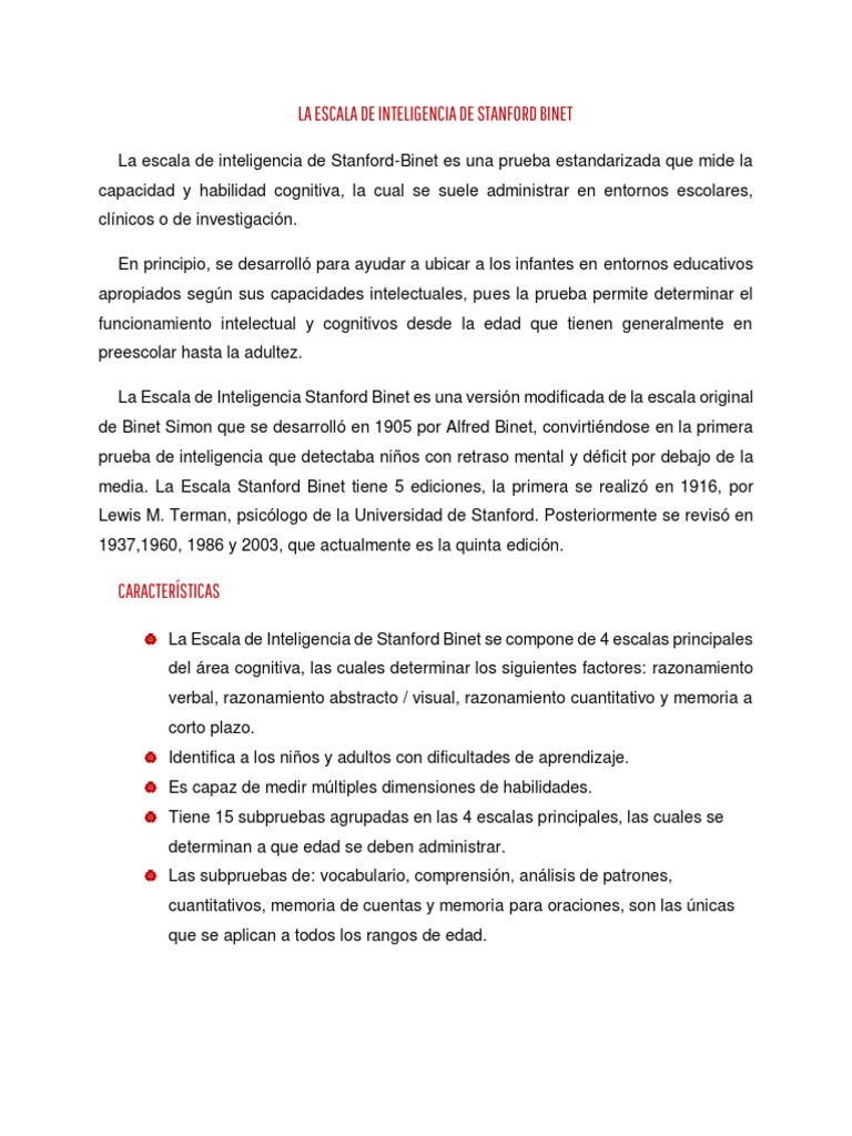 Escala de Inteligencia Stanford-Binet | PDF | Inteligencia | Teoría de ...
