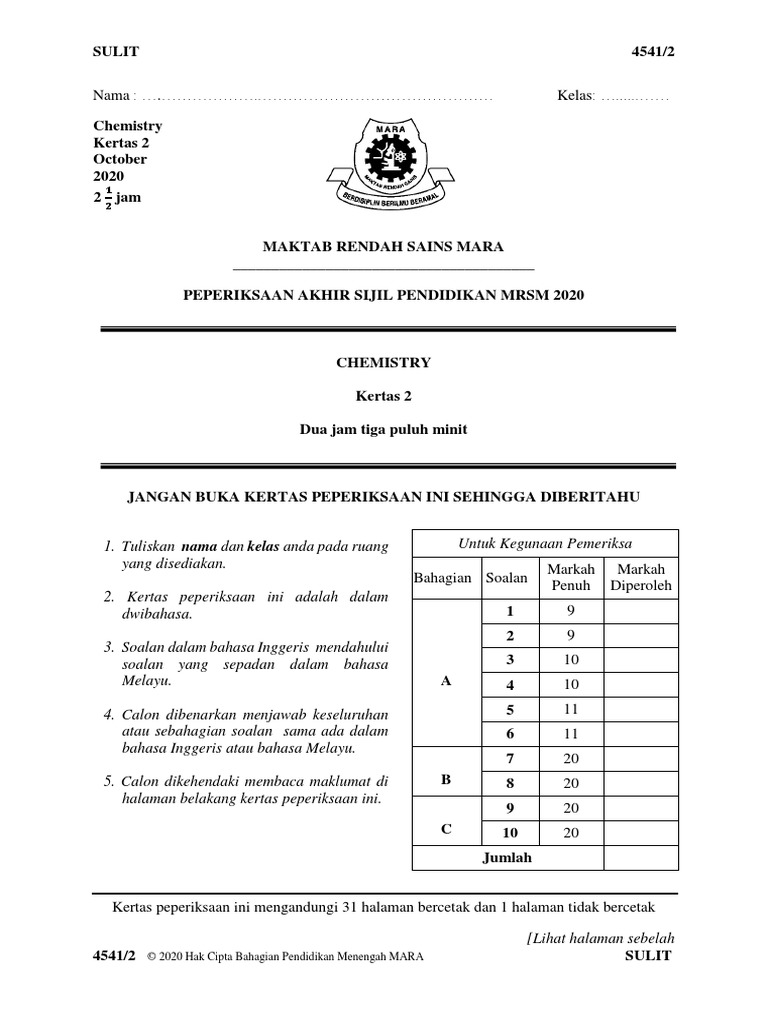 2020 MRSM Chemistry K2 | PDF