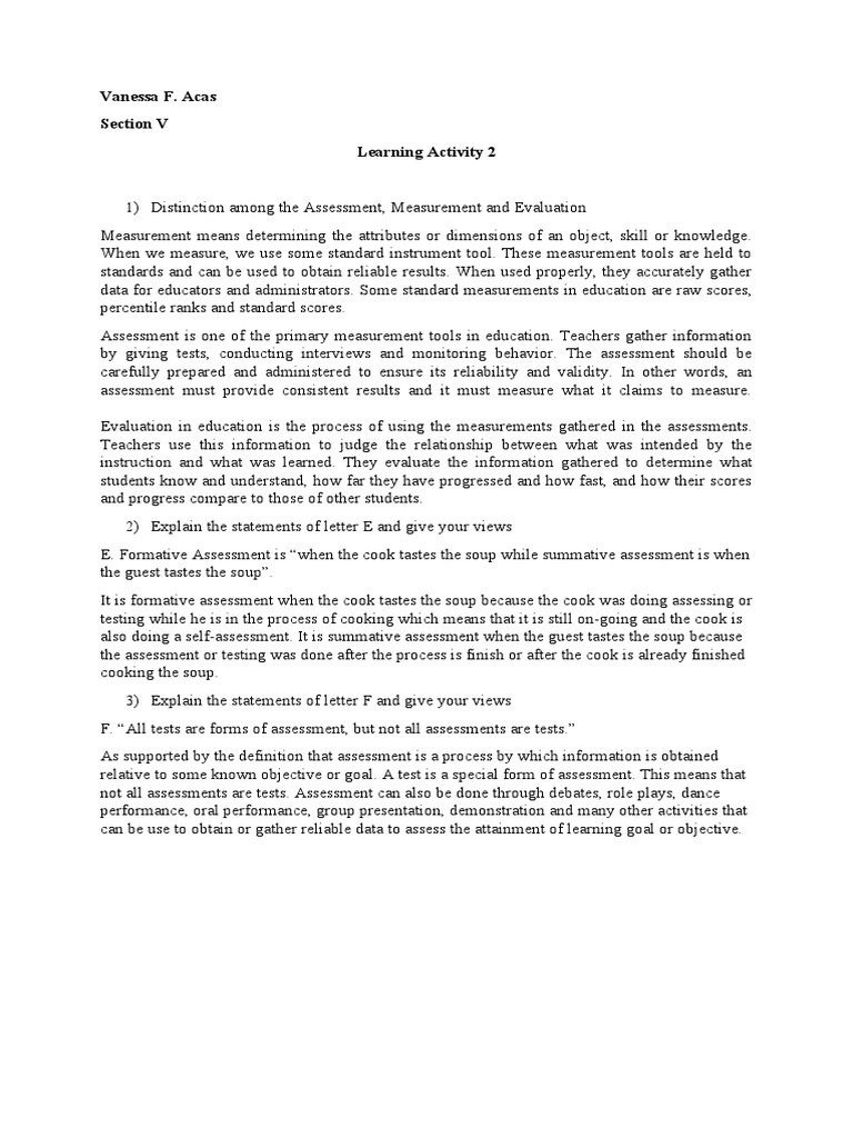 Vanessa F. Acas Section V Learning Activity 2 | PDF | Educational ...