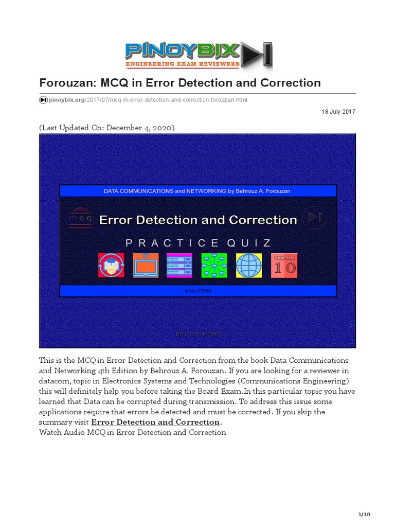 Forouzan: MCQ in Error Detection and Correction: 18 July 2017 | PDF | Error Detection And ...