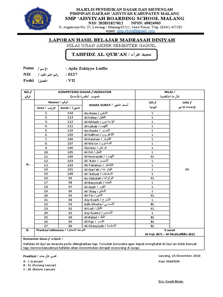 Contoh Raport SMP | PDF