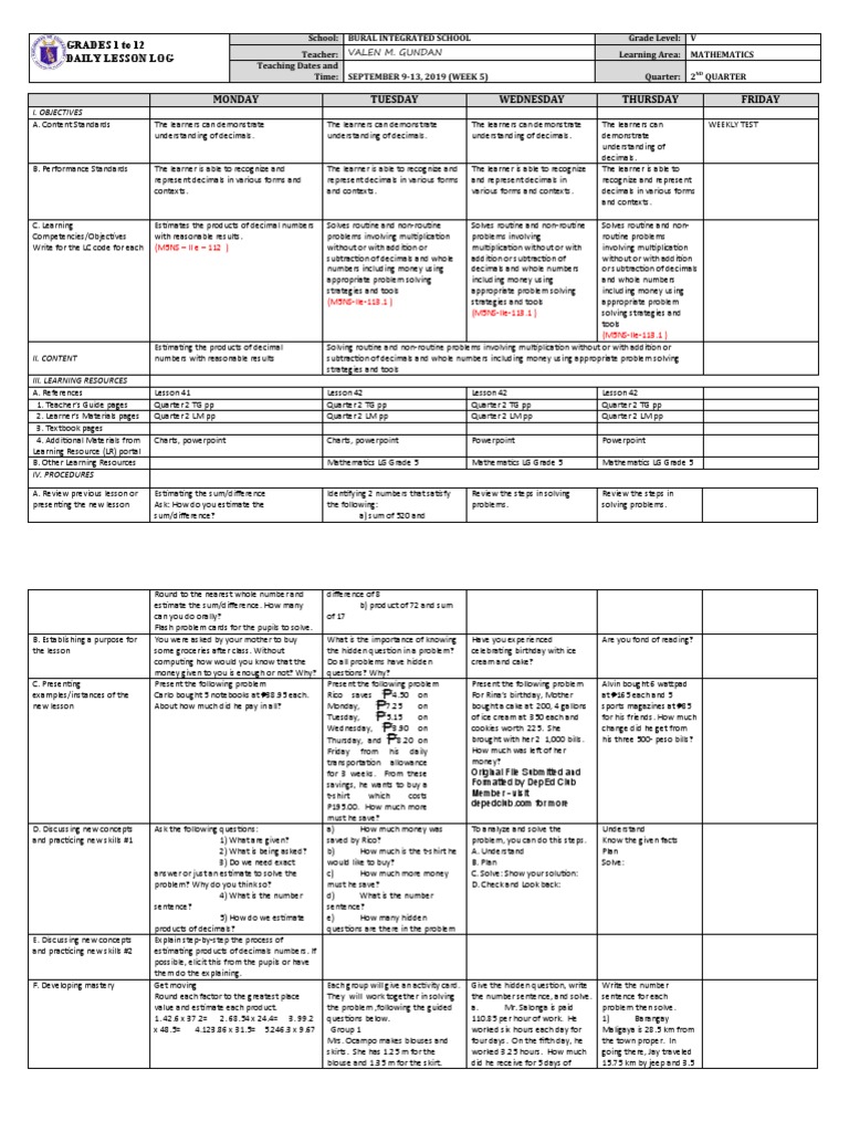 DLL - Mathematics 5 - Q2 - W5 | PDF | Learning | Teachers