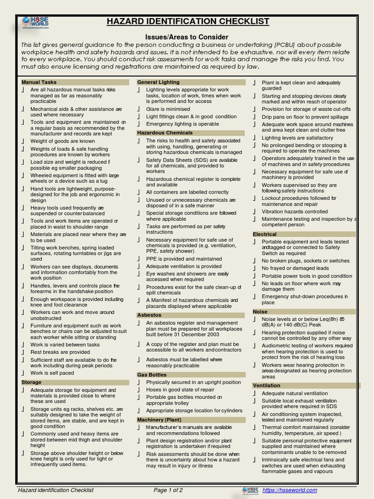 Hazard Identification Checklist: Issues/Areas To Consider | PDF ...