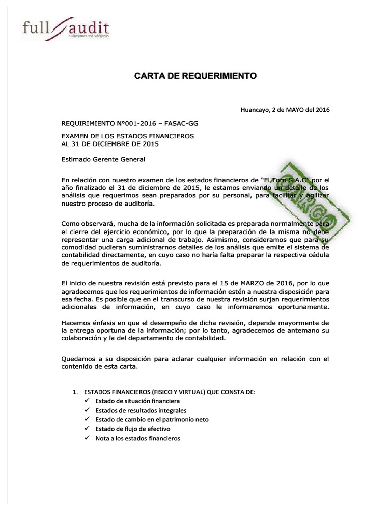 Modelo de Requerimiento | PDF | Estado financiero | Contabilidad