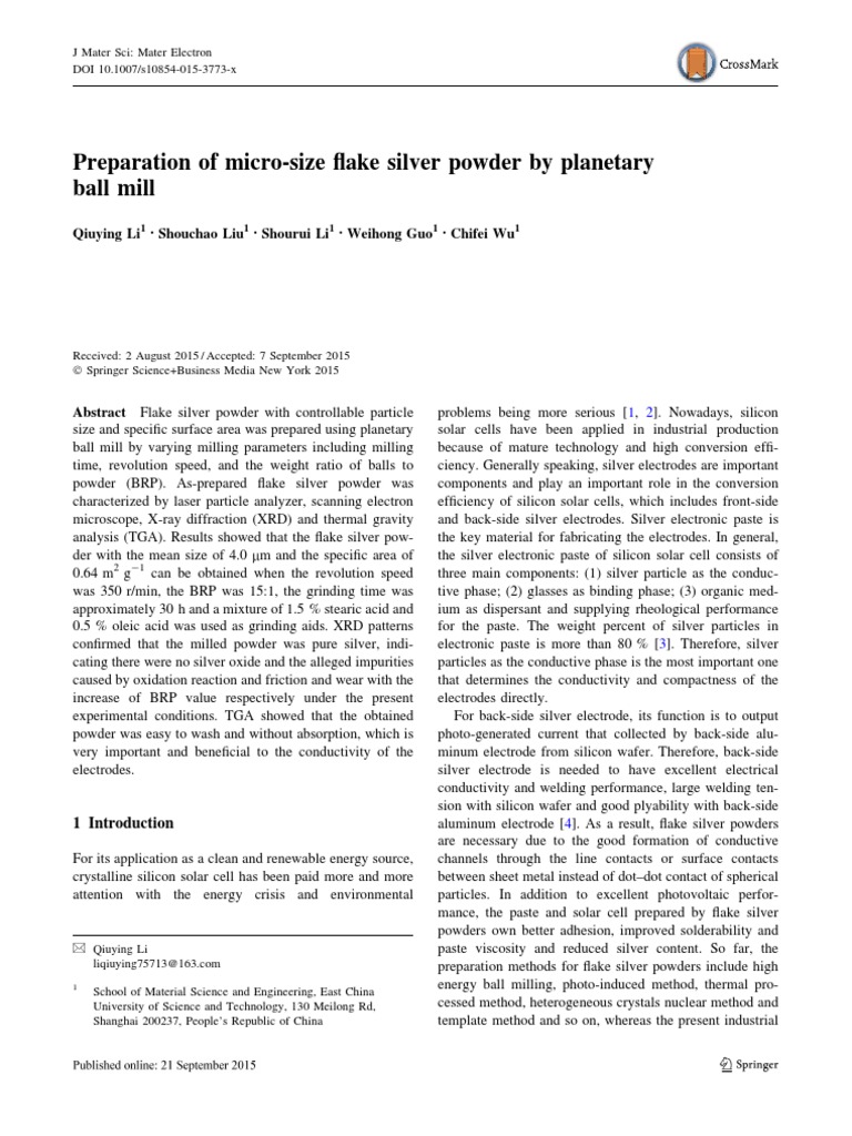 Preparation of Micro-Size Flake Silver Powder by Planetary | PDF | Mill ...