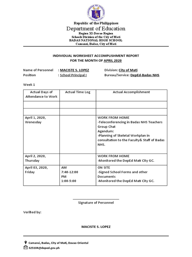 INDIVIDUAL WORKSHEET ACCOMPLISHMENT REPORT Sample | PDF