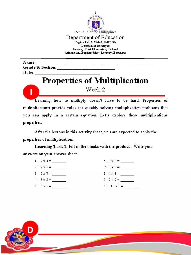 QUARTER 2 ACTIVITY SHEETS IN MATH Week 2 | PDF | Multiplication ...