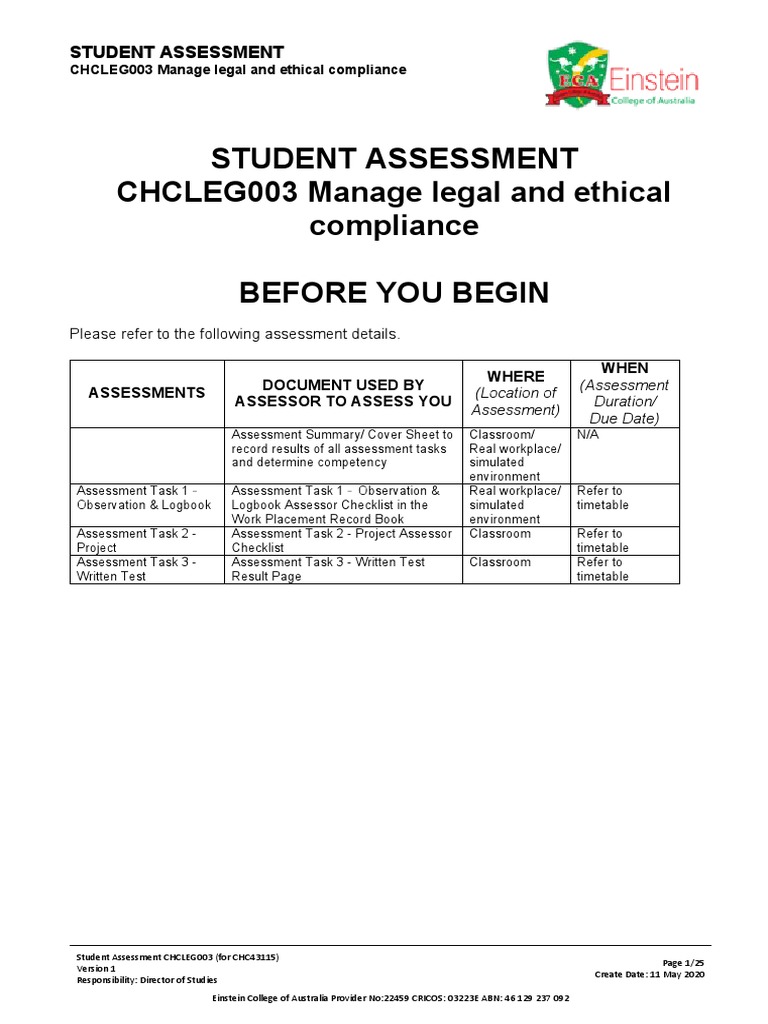 CHCLEG003 Student Assessment. V1. 110520 (For CHC43115) | PDF | Confidentiality | Regulatory ...
