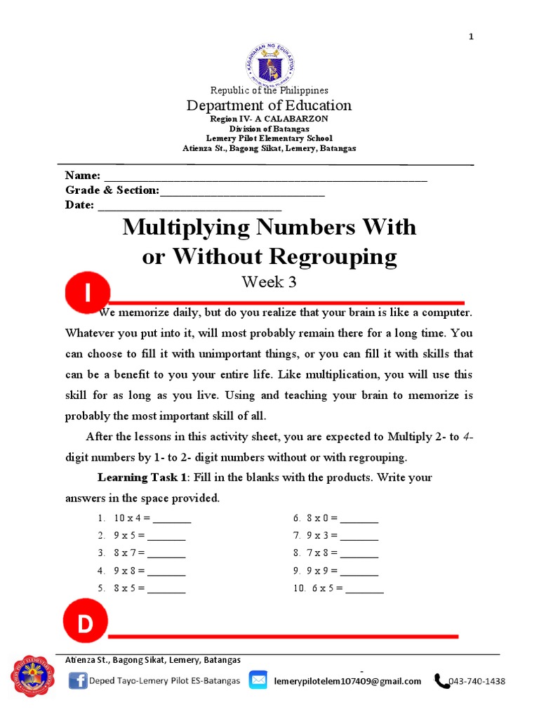 Multiplying Numbers With or Without Regrouping: Department of Education ...
