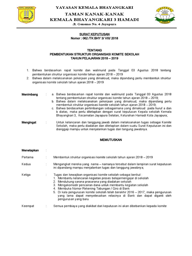 SK Komite Sekolah TK KB III 2018 2019 Kabid Kota JPR Ok | PDF