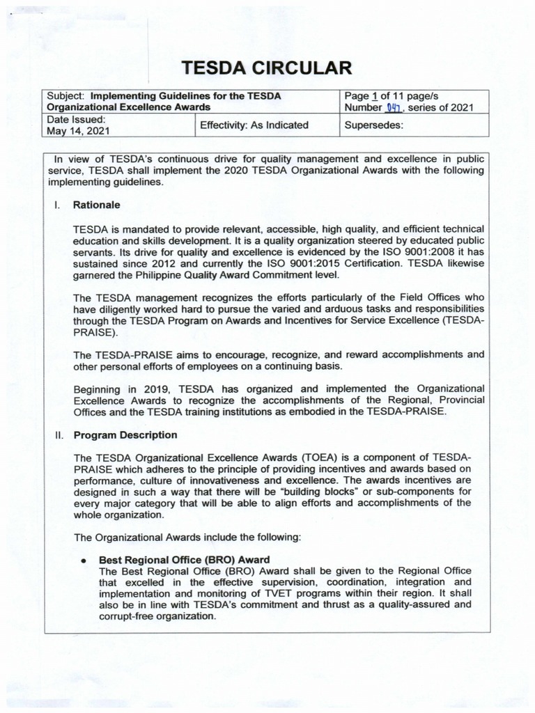 TESDA Organizational Excellence Awards 2021 | PDF | Regulatory ...