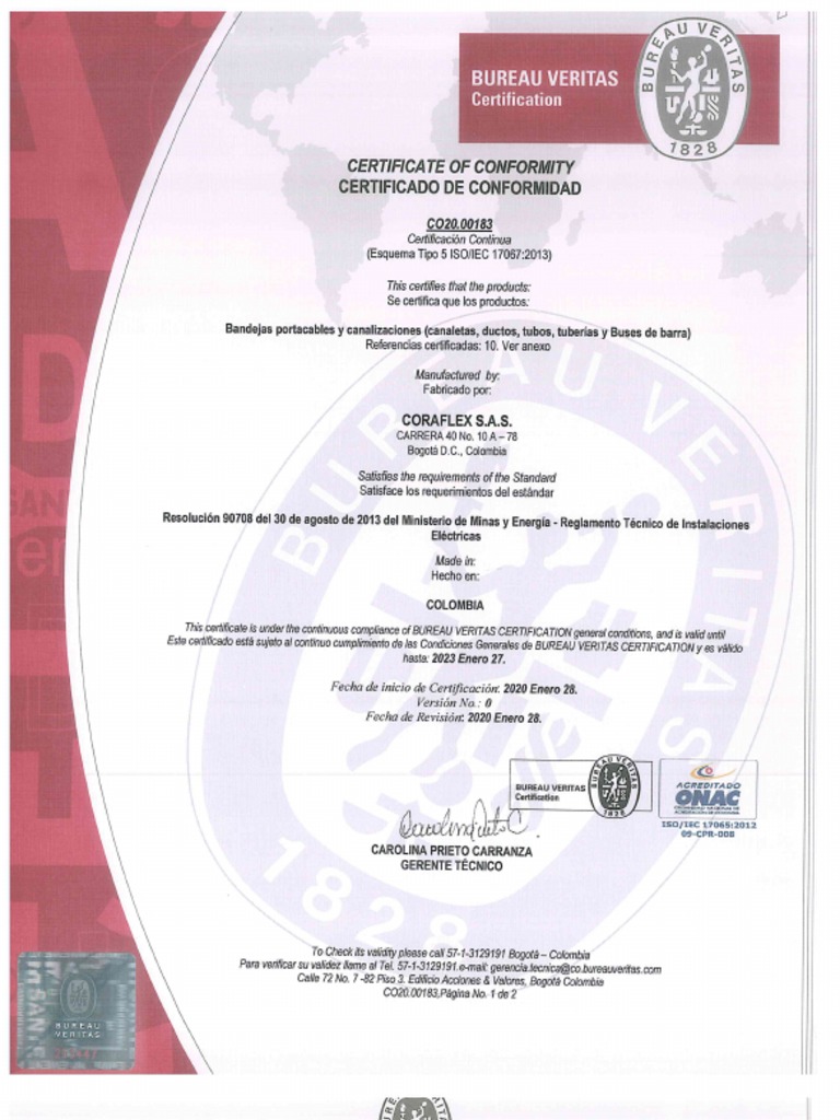 Coraflex - Coraza - Certificado Veritas Enero 28 2020 | PDF