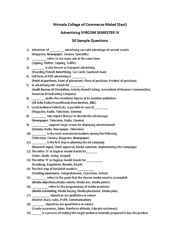 Nirmala College of Commerce-Malad (East) Advertising SYBCOM SEMESTER IV ...