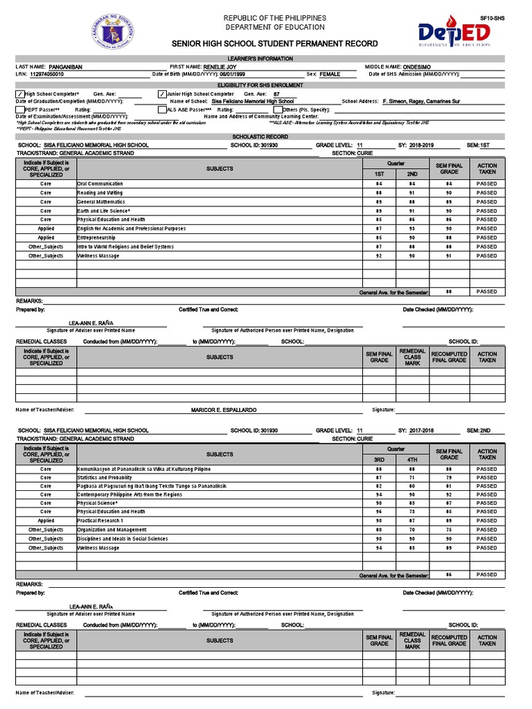 Senior High School Student Permanent Record: Republic of The ...