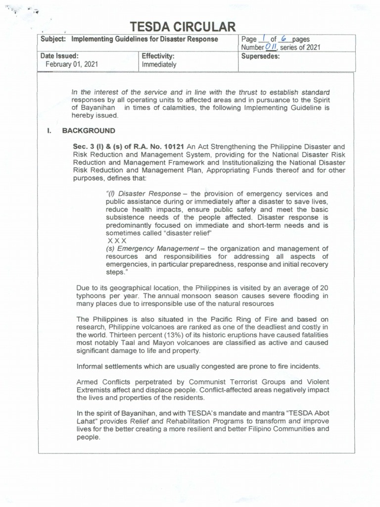 TESDA Disaster Response Guidelines 2021 | PDF | Emergency Management ...