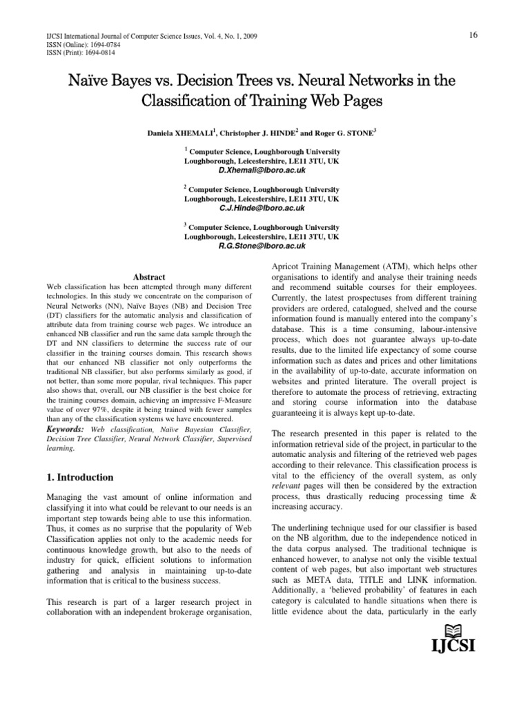 Naïve Bayes vs. Decision Trees vs. Neural Networks in The Classification of Training Web Pages ...