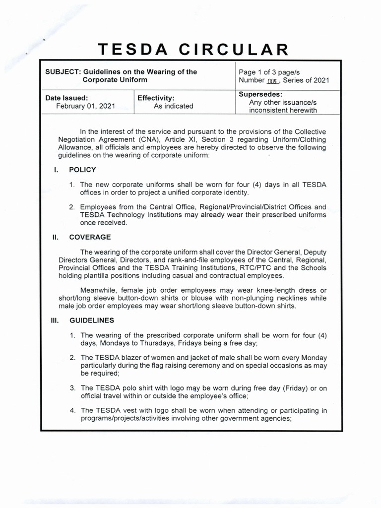 TESDA Corporate Uniform Guidelines | PDF | Clothing | Softlines (Retail)