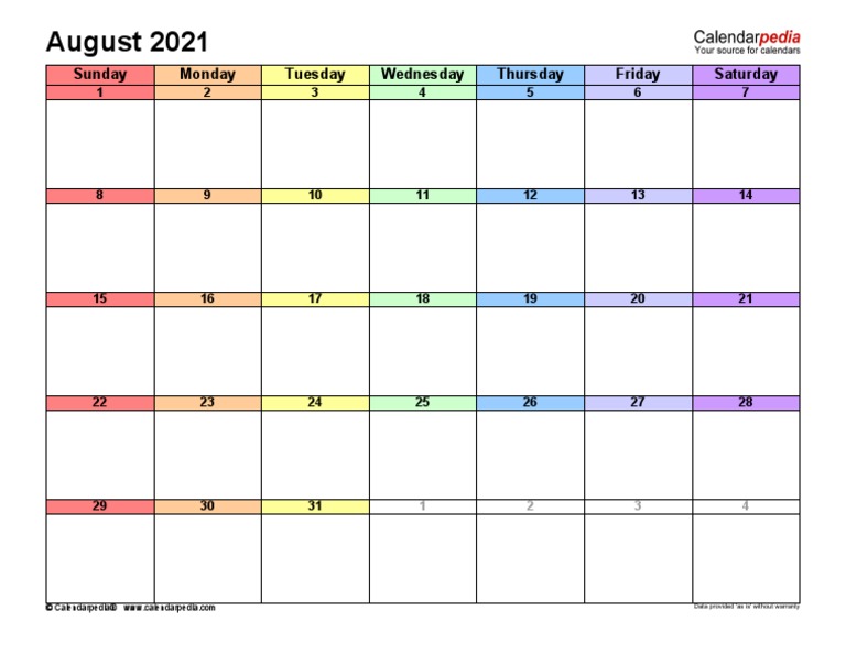 August 2021 Calendar Landscape | PDF