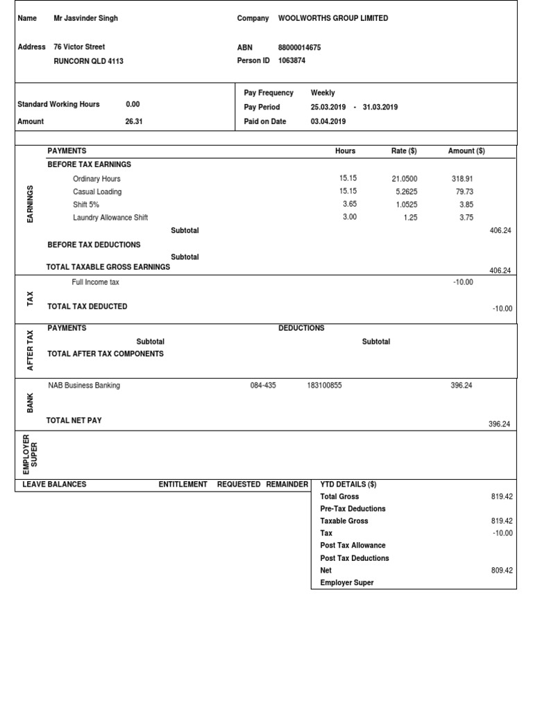 Woolworth Payslip 2 | PDF | Taxes | Tax Deduction