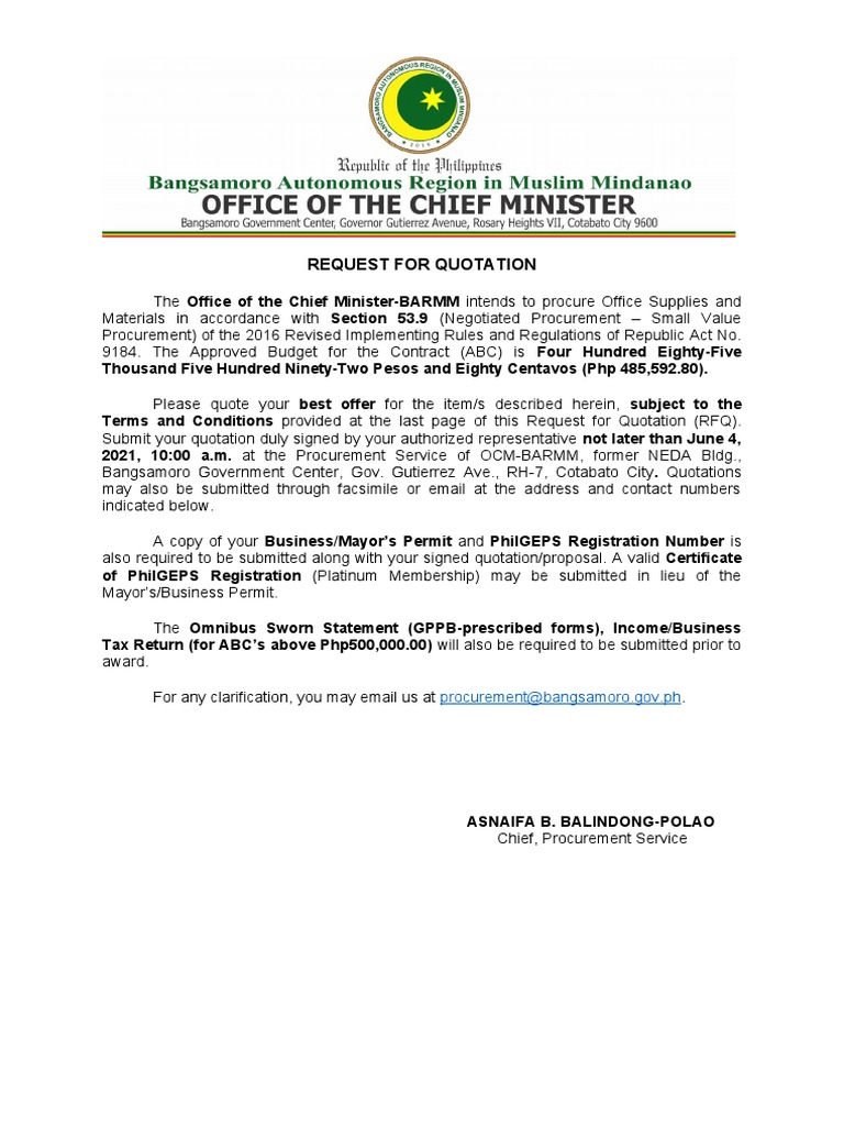 Request For Quotation: Procurement@bangsamoro - Gov.ph | PDF | Specification (Technical Standard ...