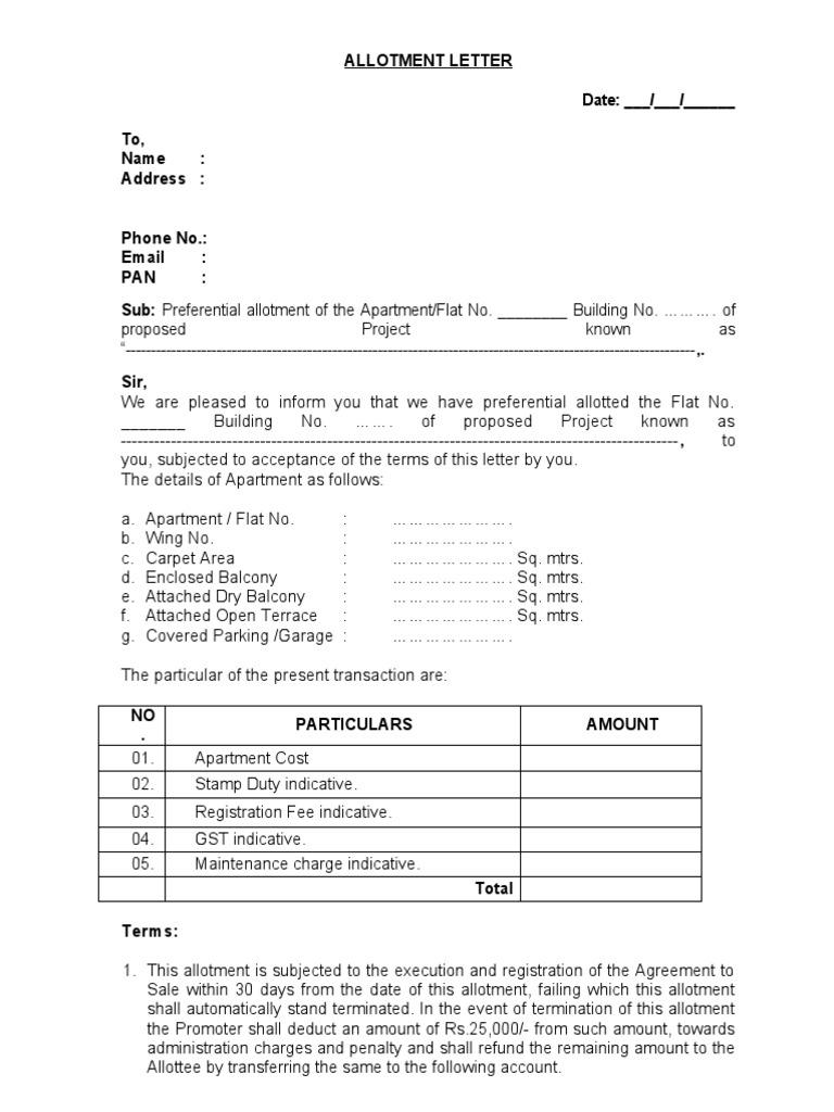Allotment Letter Date: - / - / - To, Name: Address | PDF | Payments ...
