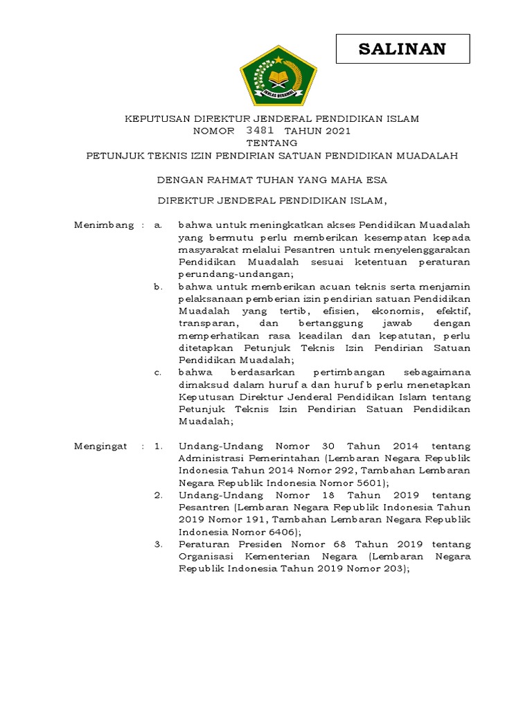 Kemenag-Pendis-2021-3481 Juknis - Izin - Pendirian - SP Muadalah | PDF