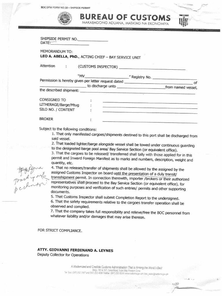 BOC - Shipside Permit Form No. 16 | PDF