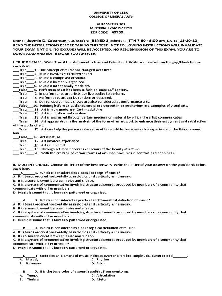 Humanities 101 Midterm Examination | PDF | Sound | Rhythm