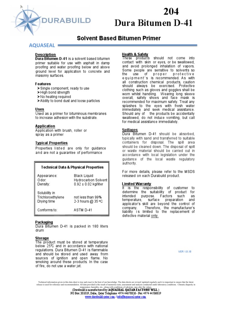 TDS 204 Dura Bitumen D 41 | PDF | Asphalt | Water