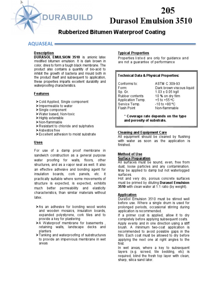 TDS 205 Durasol Emulsion 3510 | PDF | Natural Rubber | Asphalt