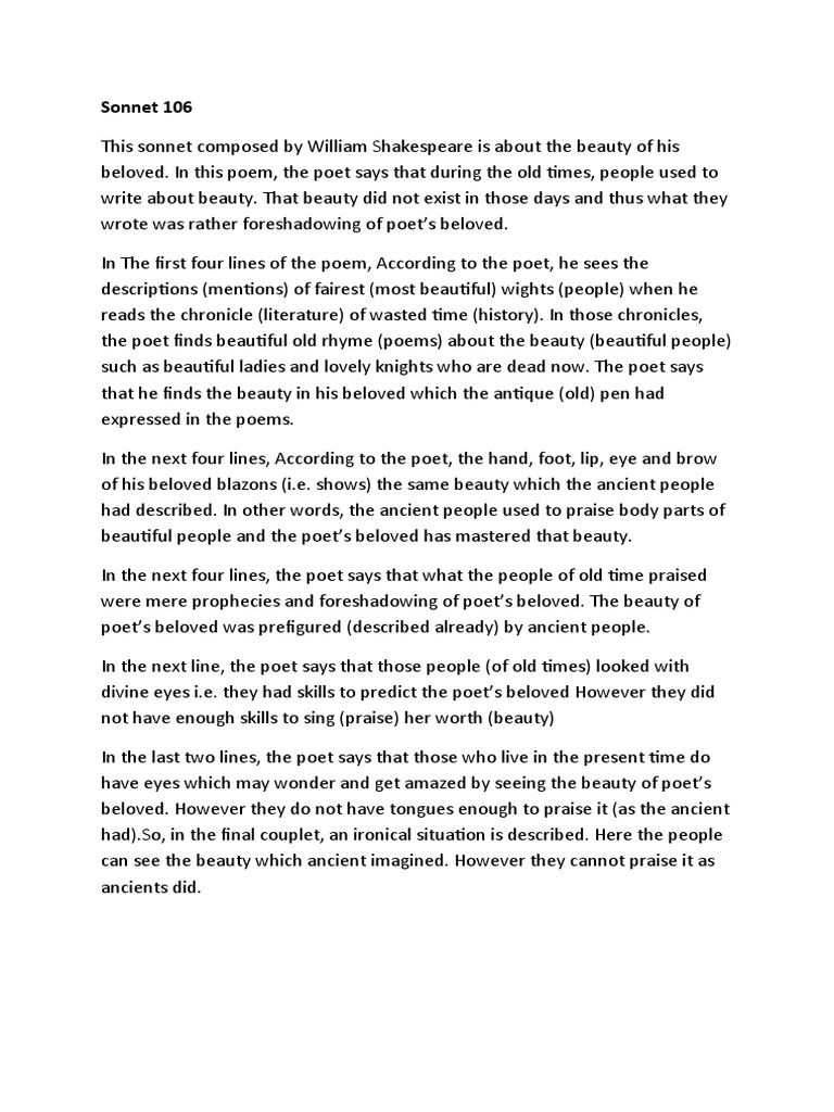Sonnet 106 Pdf Poetry Sonnets